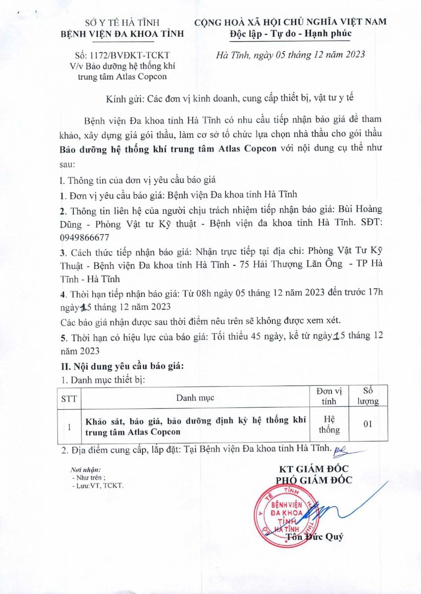 BVĐKT: Thông báo gửi thư báo giá Bảo dưỡng hệ thống khí trung tâm Atlas ...